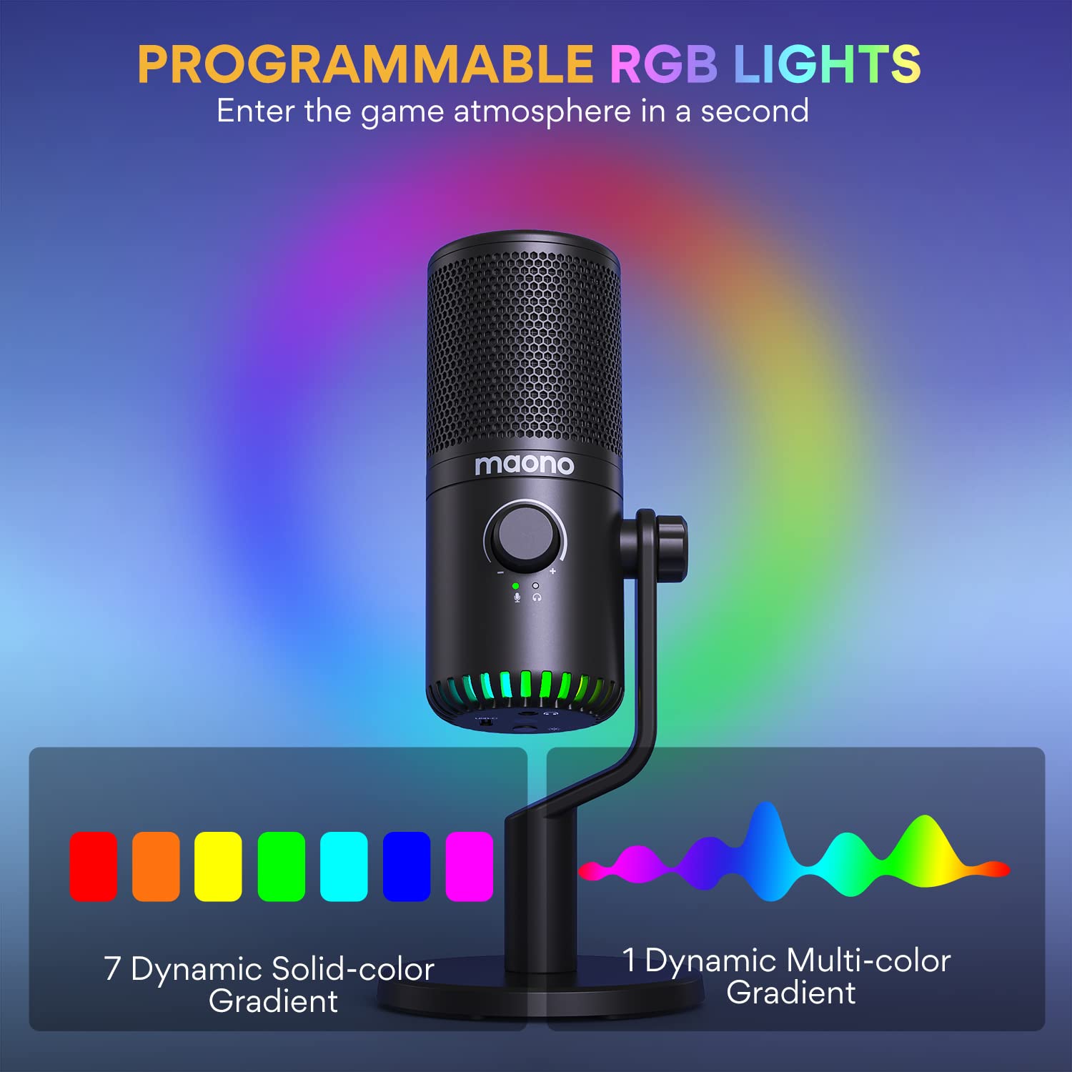 MAONO USB Gaming Microphone for PC, Programmable Condenser Mic with RGB Light, Mute, Gain, Monitoring, Volume Control for Streaming, Podcast, Twitch, YouTube, Discord, Computer, Mac, PS5, DM30 (Black)