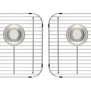 SlimmKISS Kitchen Sink Grid Stainless Steel Sink Protectors, Sink Bottom Grid Sink Racks for for Single or Double Bowl Sink, Corner Radius Sink Grate Rear Drain Hole with Sink Strainer,2pack