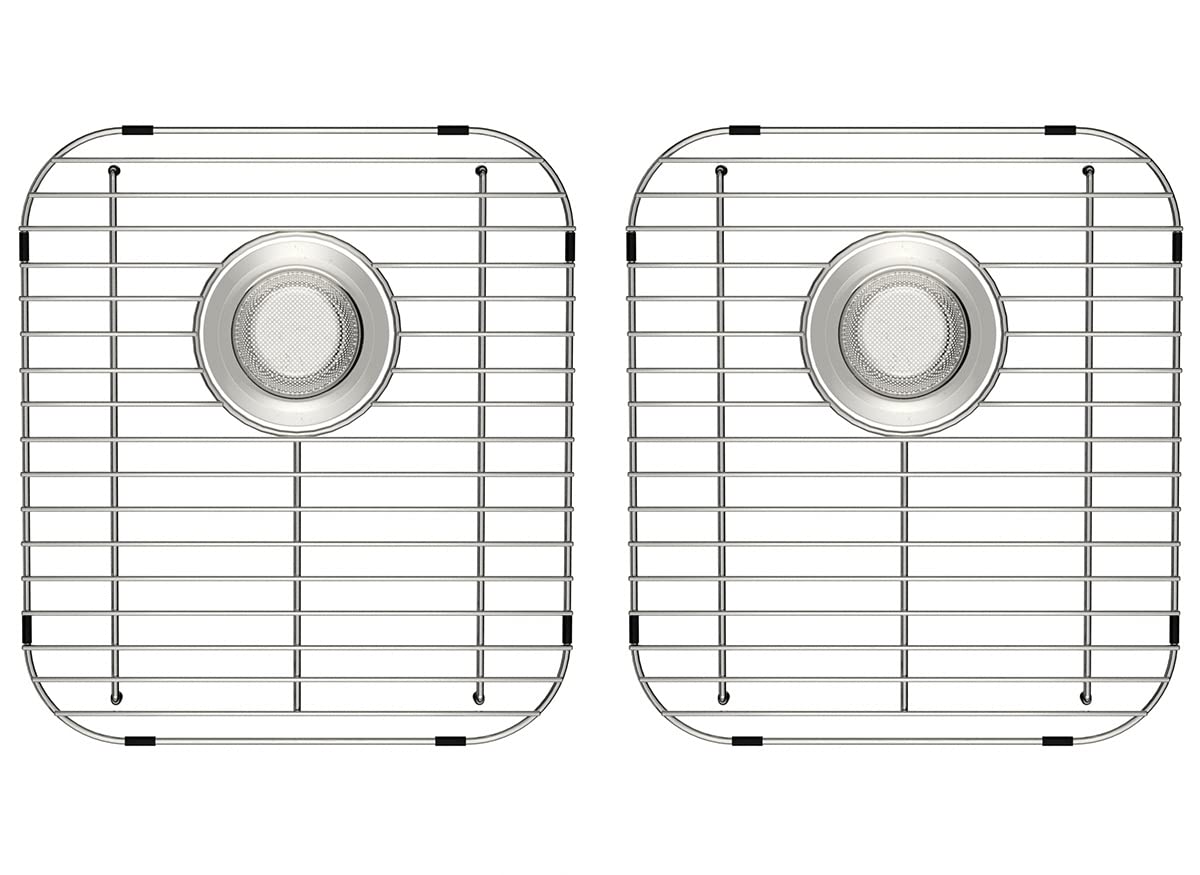 SlimmKISS Kitchen Sink Grid Stainless Steel Sink Protectors, Sink Bottom Grid Sink Racks for for Single or Double Bowl Sink, Corner Radius Sink Grate Rear Drain Hole with Sink Strainer,2pack