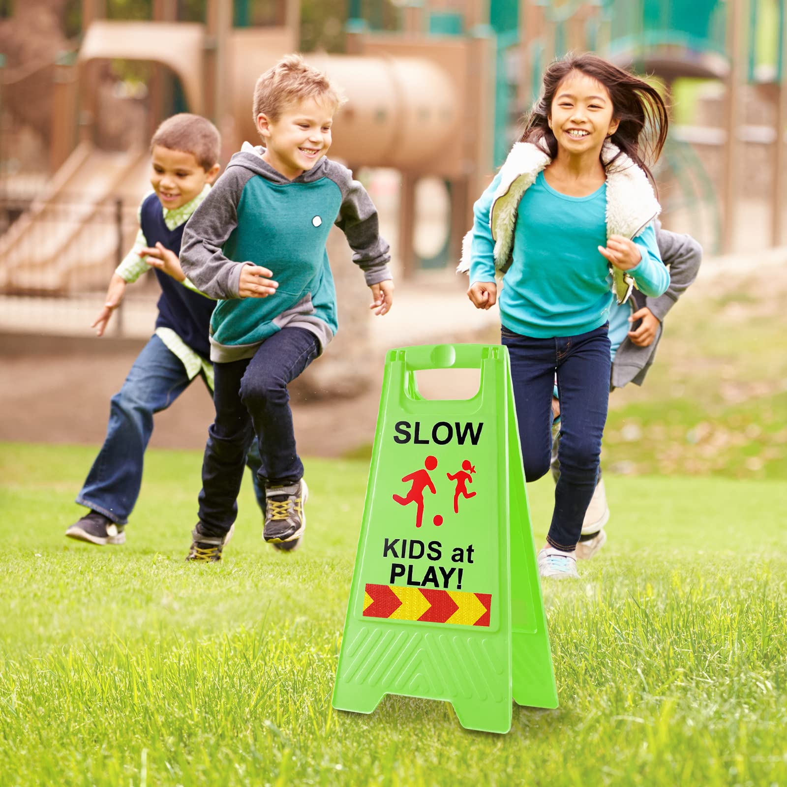 Slow Kids at Play Signs for Street, Double-Sided Text and Graphics with Reflective Tape, Children at Play Safety Sign for Neighborhoods Schools Park Sidewalk Driveway (2-Pack Green)