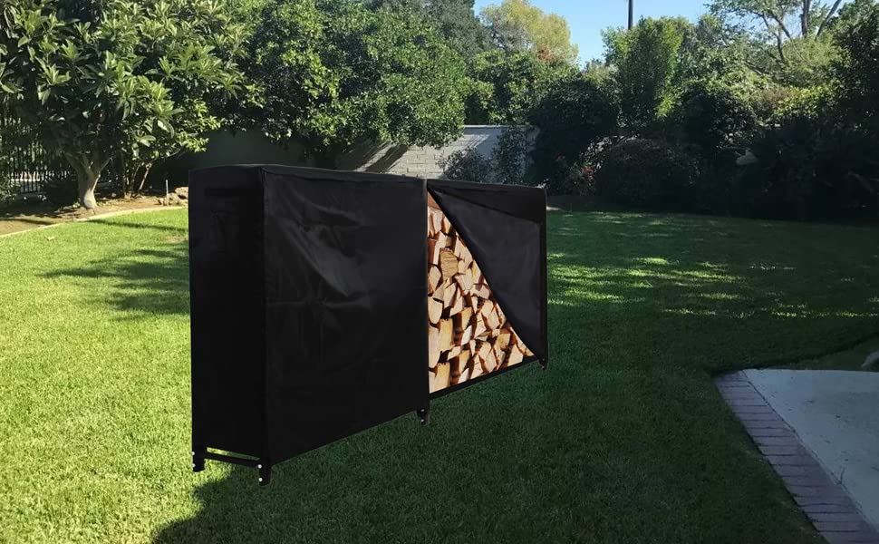 QualStorage 8Ft Firewood Rack Outdoor with Cover Heavy Duty Steel Tubular Wood Log Holder Wood Storage Stacker with Cover Combo Set(Square Base)