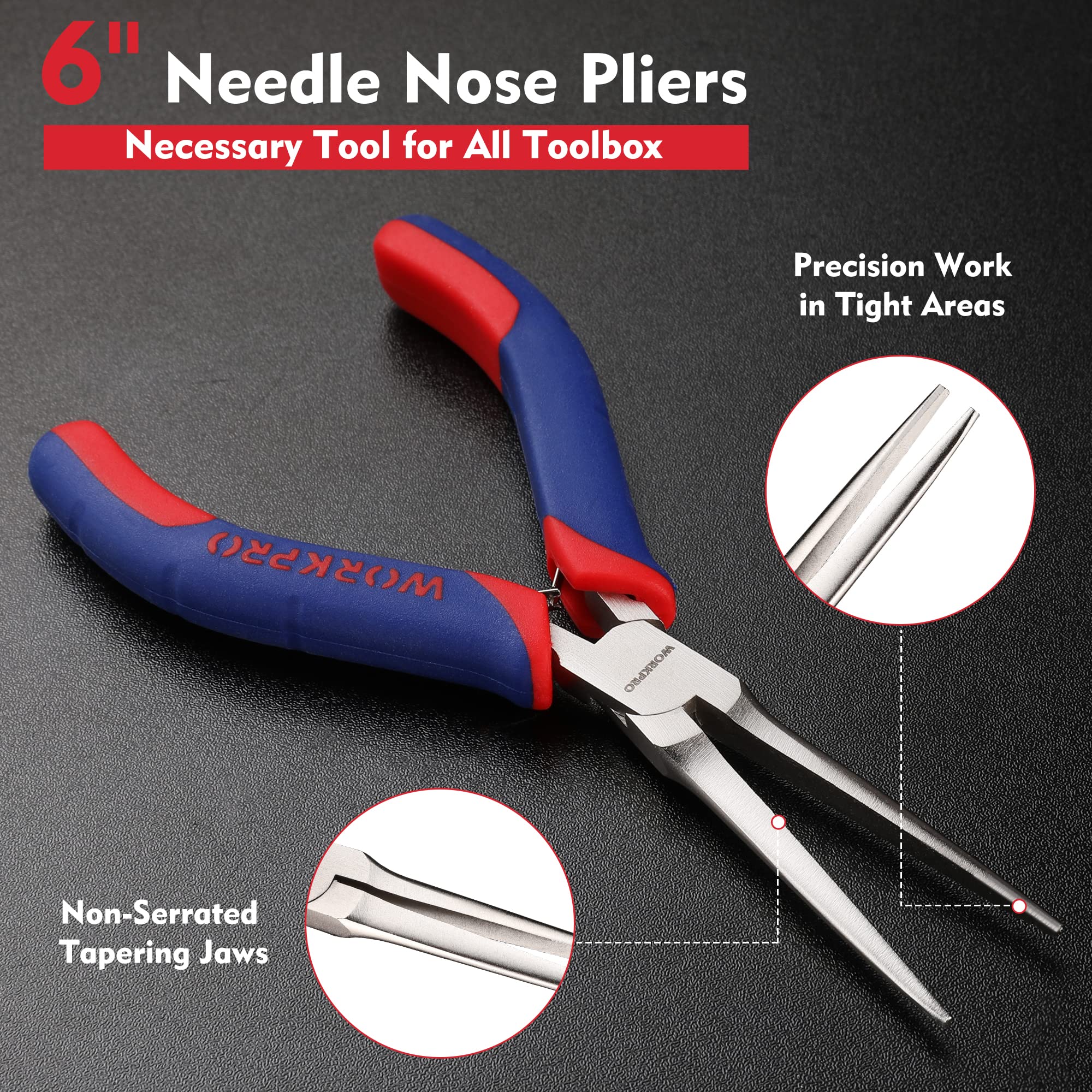 WORKPRO 6" Needle Nose Pliers, Mini Long Nose Pliers with Comfort Grip Handles, Pliers Needle Nose for Wire Wrapping, Crafts, Jewelry Making Supplies