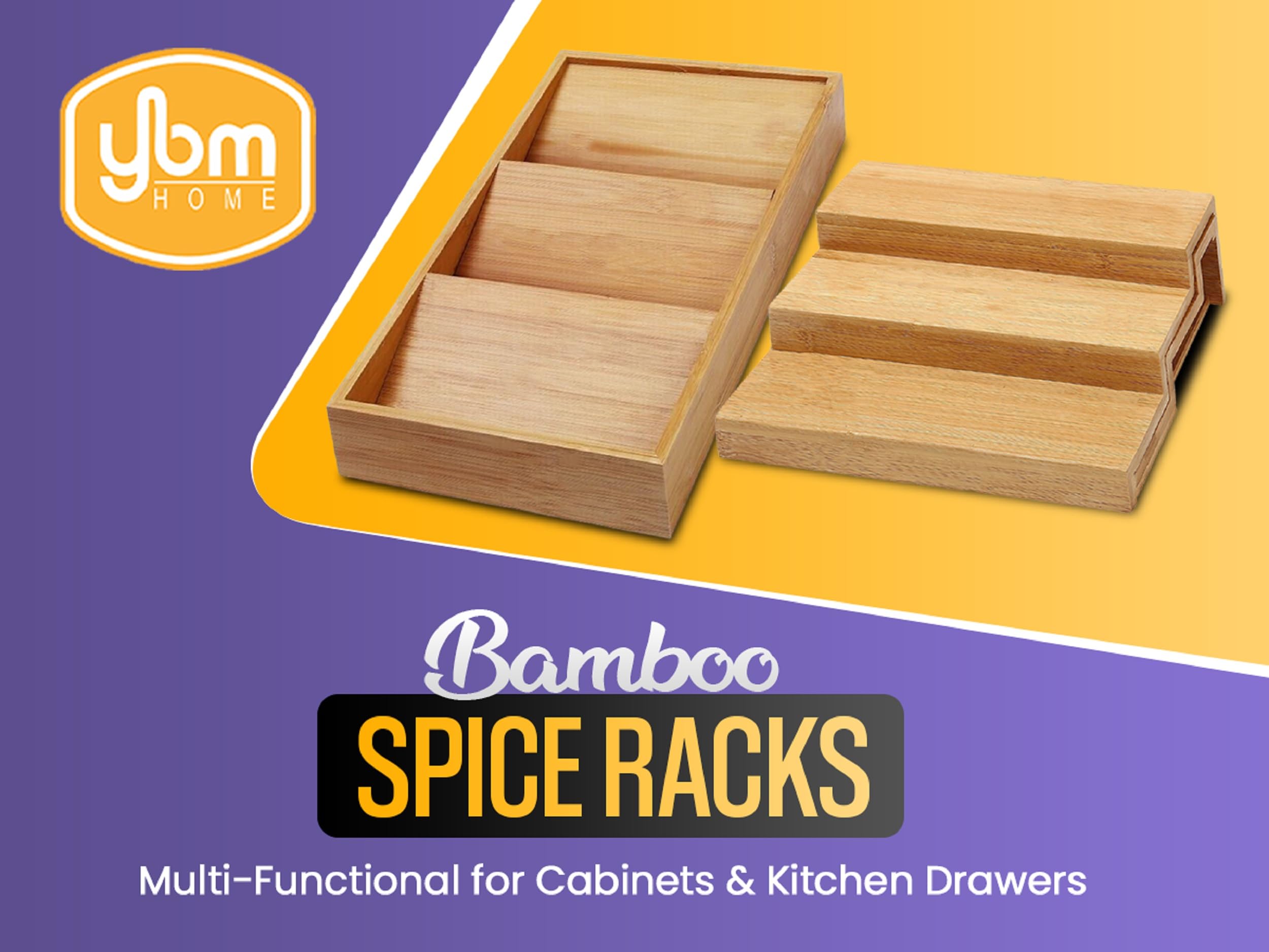 YBM Home In-Drawer 3-Tier Bamboo Spice Rack Drawer Organizer Tray for Cabinet and Kitchen Drawers, 3 Slanted Tiers for Garlic, Salt, Pepper, Seasonings, Spice Jars, and More, 316