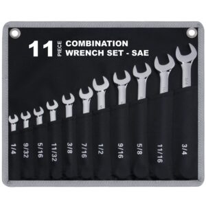 11-piece sae combination wrench set in roll-up pouch, non-skip inch sizes 1/4 to 3/4” | chrome vanadium steel with mirror finish | ideal for general household, garage workshop, auto repairs and more