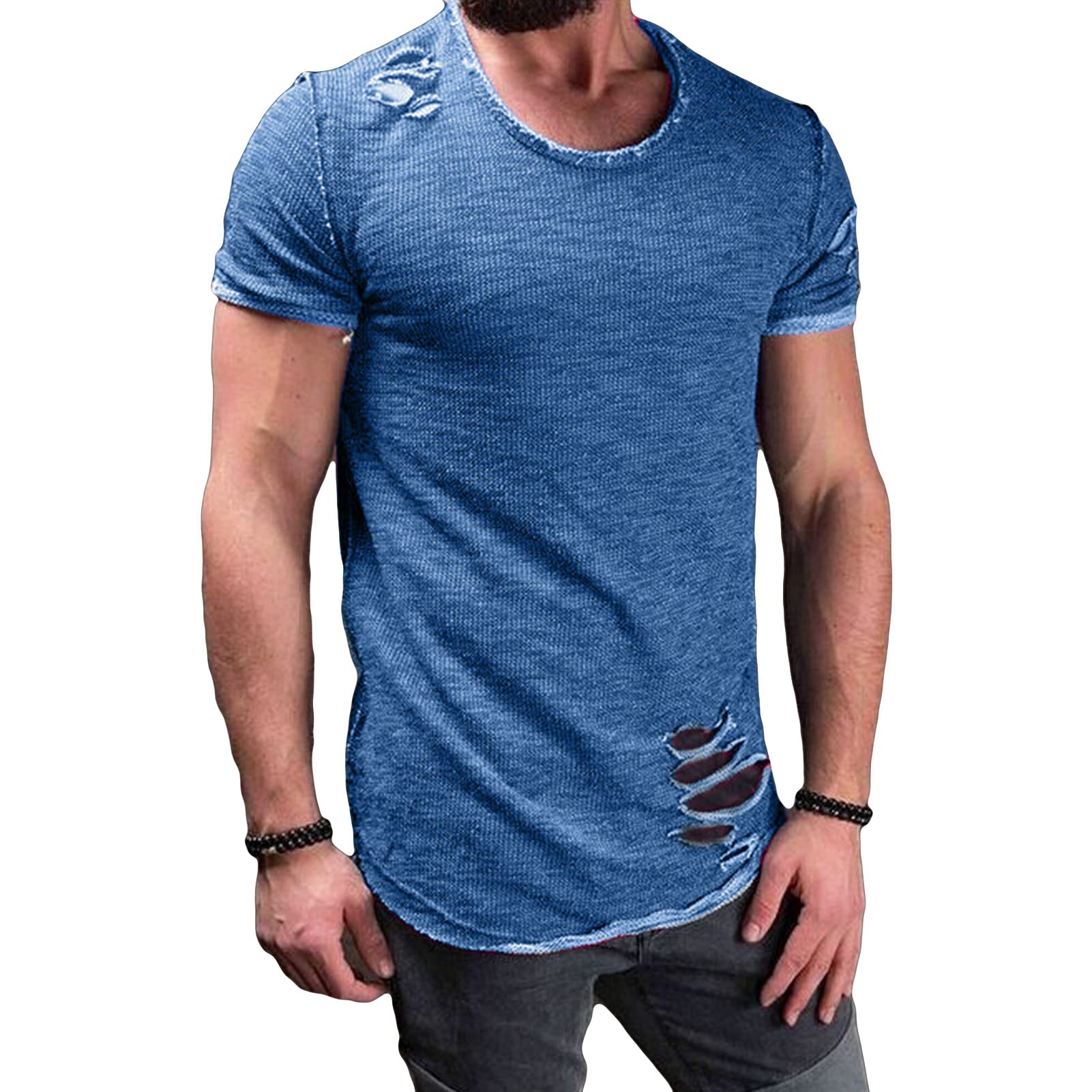 Maiyifu-GJ Men's Crew Neck Ripped T-Shirts Casual Muscle Workout Athletic Shirt Solid Color Short Sleeve Destroyed Holes Tee (Blue,4X-Large)