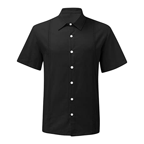 Maiyifu-GJ Men's Short Sleeve Cotton Linen Shirts Lightweight Summer Button Down Shirt Plain Tropical Holiday Beach T Shirt (Black,3X-Large)