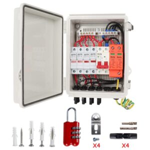 baym ip65 4 in 1 out 15a 4 string solar pv array plastic dc combiner box,4pair solar connectors, lightning surge protection, 63a 6ka mcb lock indicator,waterproof ventilation valve