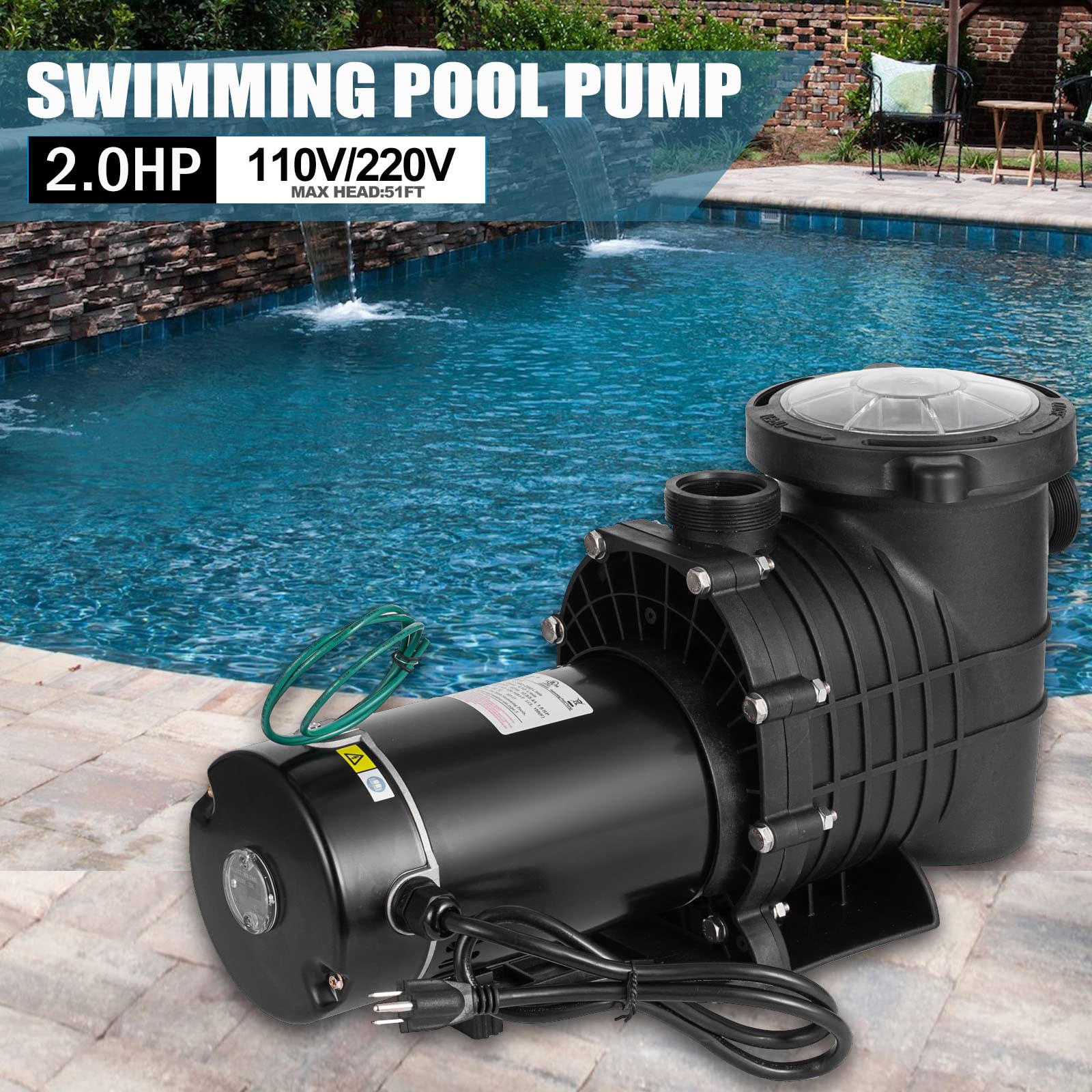 TOPDEEP 2HP Pool Pump Inground, Self Primming pool pump above ground, 6800 GPH Swimming pool pumps Dual voltage with Strainer Basket 1500W