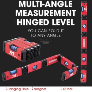 28'' Foldable Level, 5 Sections Measuring Folding Magnetic Level with 4 Easy-Read Level Bubbles 45°/90°/180°, Powerful Measurement Tools for Carpenters, Woodworkers, Fabricators