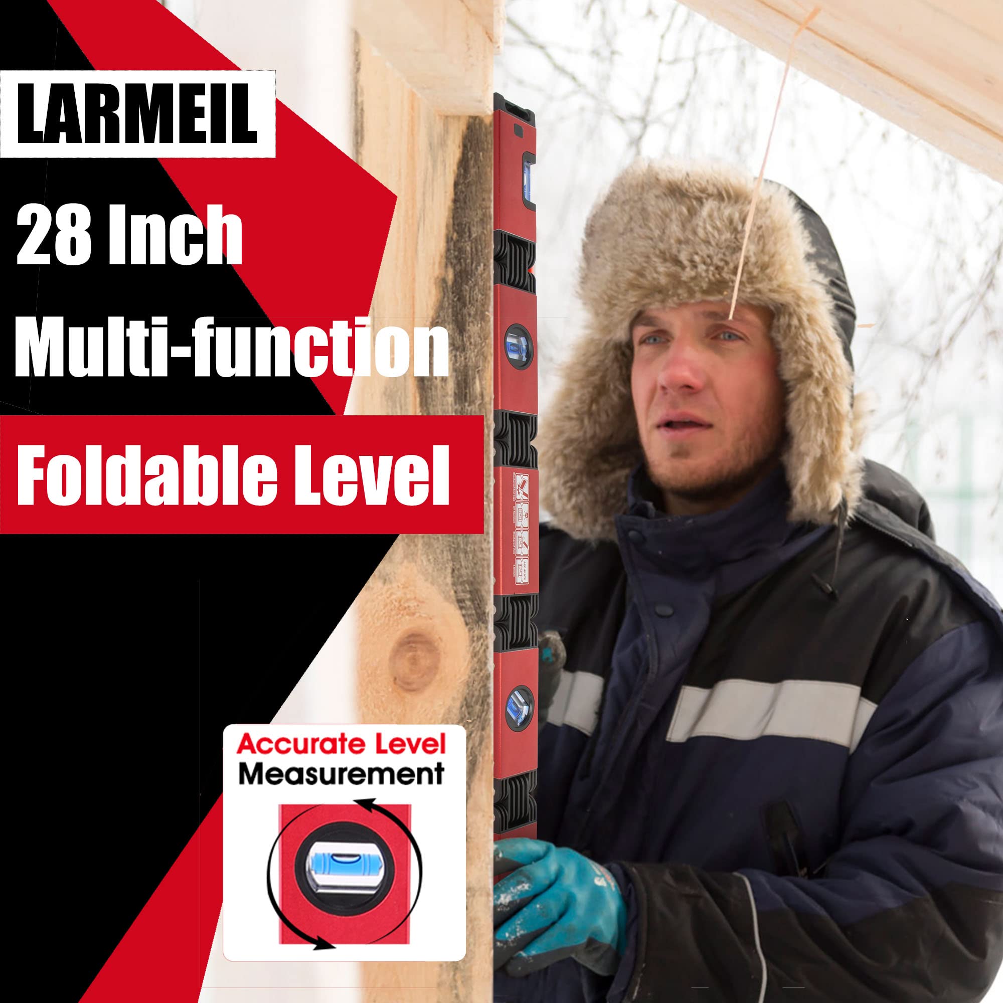 28'' Foldable Level, 5 Sections Measuring Folding Magnetic Level with 4 Easy-Read Level Bubbles 45°/90°/180°, Powerful Measurement Tools for Carpenters, Woodworkers, Fabricators