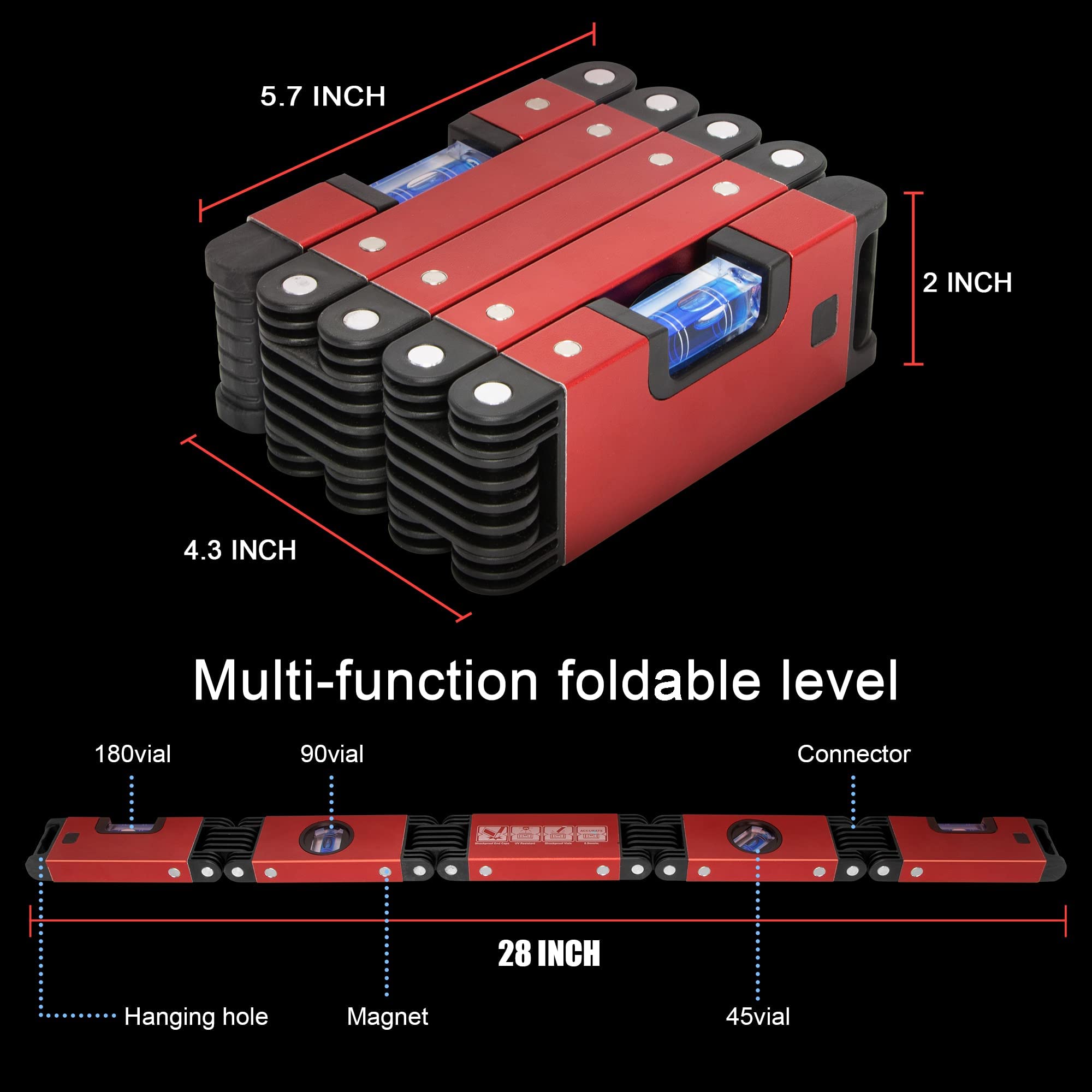 28'' Foldable Level, 5 Sections Measuring Folding Magnetic Level with 4 Easy-Read Level Bubbles 45°/90°/180°, Powerful Measurement Tools for Carpenters, Woodworkers, Fabricators