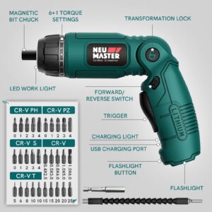 NEU MASTER Cordless Screwdriver, 4V Electric Screwdriver Rechargeable Power Screwdriver With Pivoting Handle, Front And Rear LED Light, 32pcs Bits, 6+1 Torque Setting, 2000 mAh Battery Screwdriver