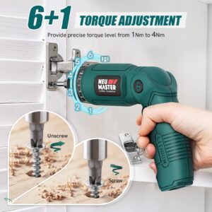 NEU MASTER Cordless Screwdriver, 4V Electric Screwdriver Rechargeable Power Screwdriver With Pivoting Handle, Front And Rear LED Light, 32pcs Bits, 6+1 Torque Setting, 2000 mAh Battery Screwdriver