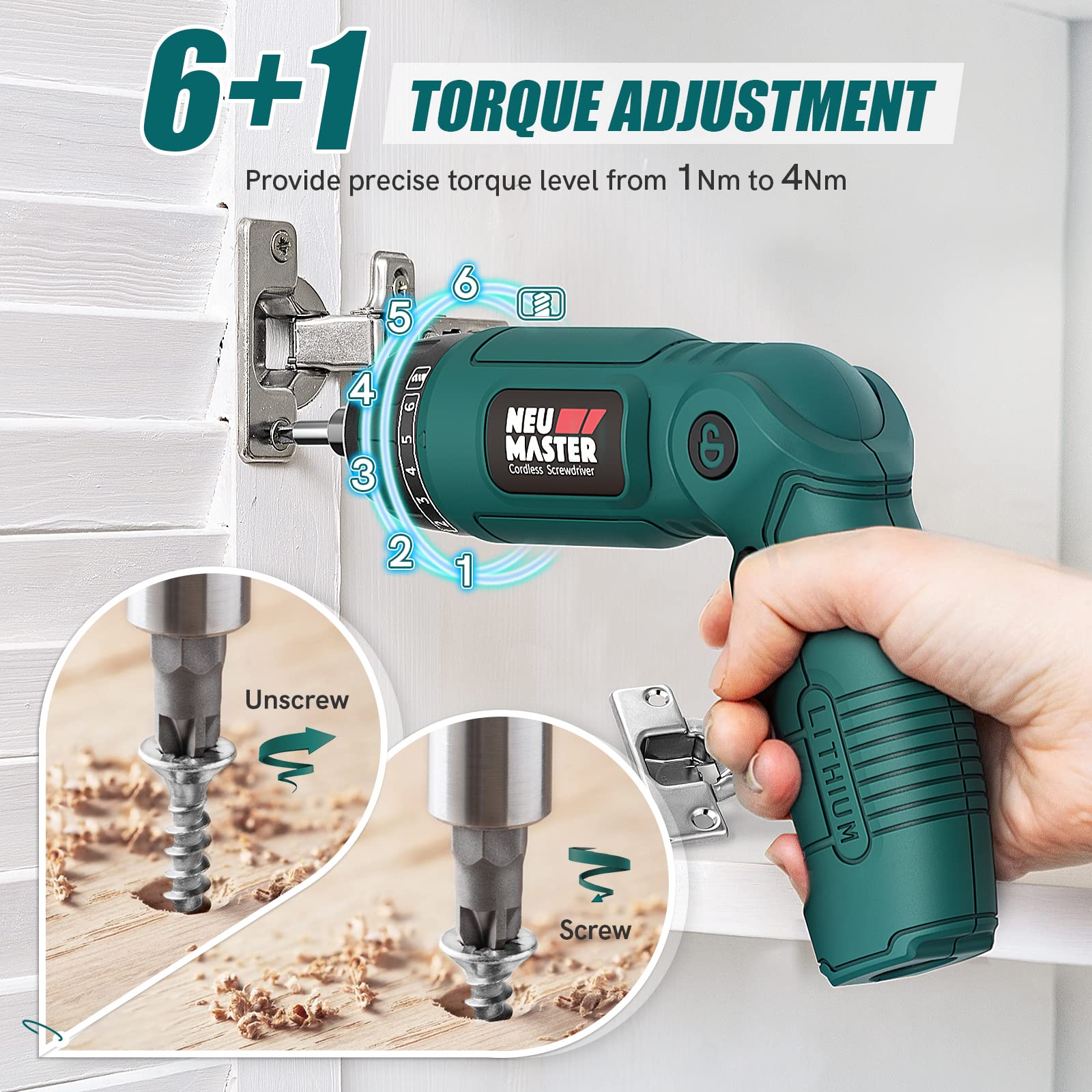 NEU MASTER Cordless Screwdriver, 4V Electric Screwdriver Rechargeable Power Screwdriver With Pivoting Handle, Front And Rear LED Light, 32pcs Bits, 6+1 Torque Setting, 2000 mAh Battery Screwdriver