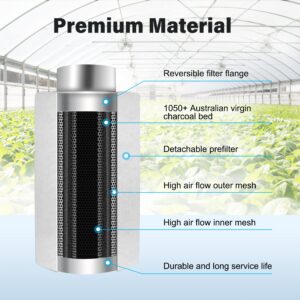 iPower 4'' Air Carbon Australia Virgin Charcoal, Pre-Filter Included Reversible Flange 4" x 14", Smelliness Control for Grow Tent, 4"X14", Inline Duct Fan, Odor Scrubber, Silver