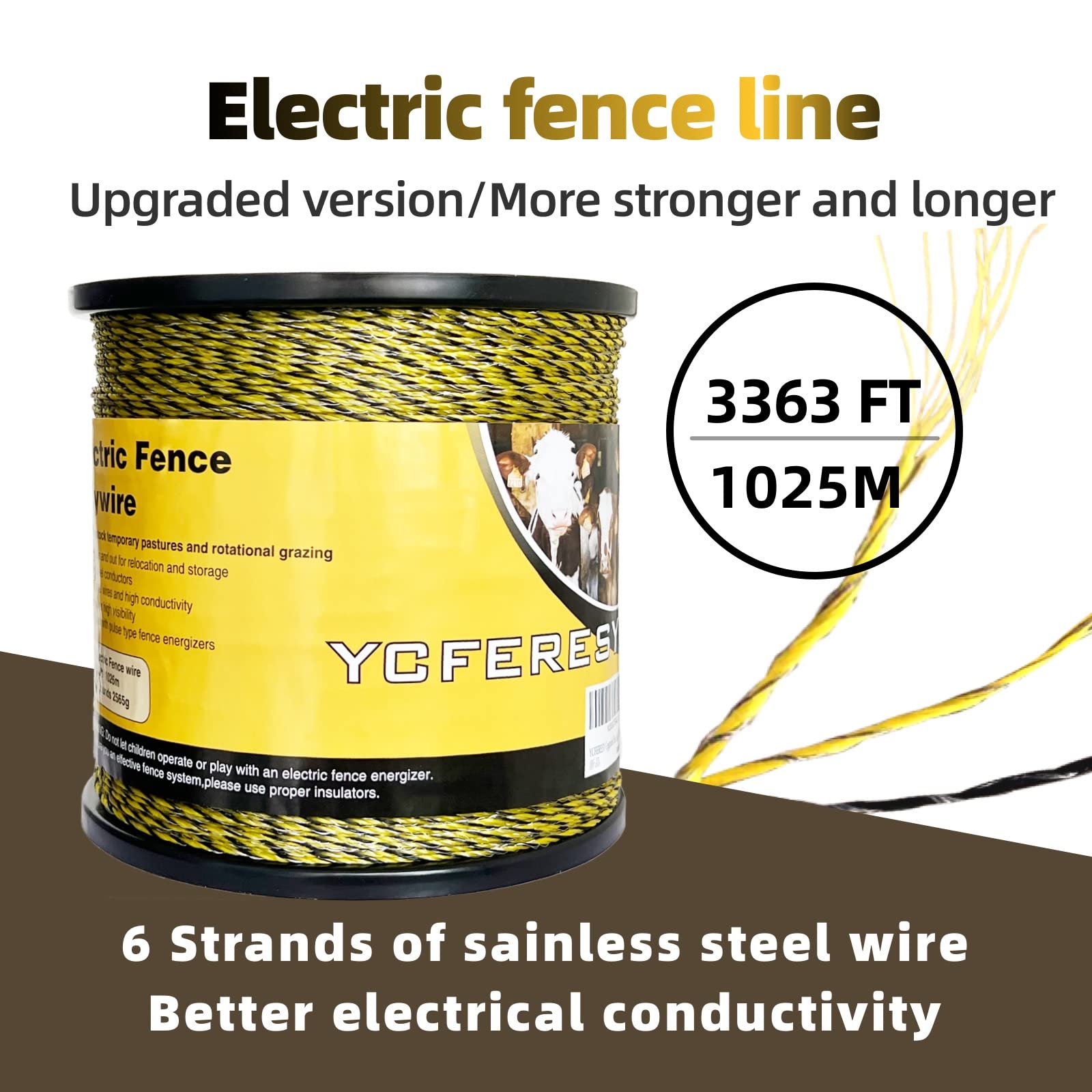 YCFERESY Upgraded Electric Fence Polywire 3366 Feet 1026 Meters, 6 Stainless Steel Strands for Reliable Conductivity and Rust Resistance, Portable Electric Fencing,UV, Rust Resistant