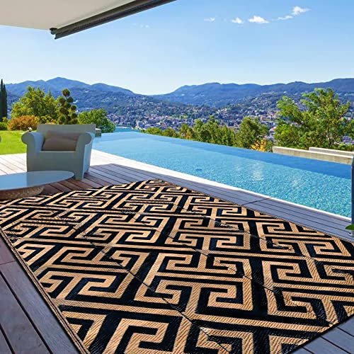 GARTOL Waterproof Indoor Outdoor Rug, Reversible Modern Area Rug Mat, Geometric Square Maze Pattern Plastic Straw Rug for RV, Patio, Backyard, Pool Deck, Picnic, Beach, Camping (5x8 Ft, Black & Brown)