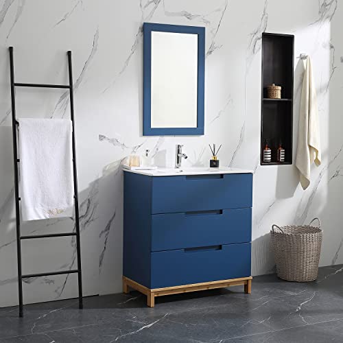 walsport 32" Bathroom Vanity and Sink Combo Modern Navy Cabinet White Basin Vessel Sink Faucet Combo Set with Water Barrier Floor Mount