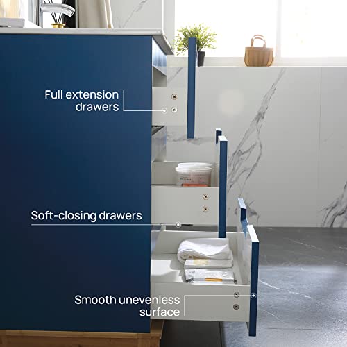 walsport 32" Bathroom Vanity and Sink Combo Modern Navy Cabinet White Basin Vessel Sink Faucet Combo Set with Water Barrier Floor Mount