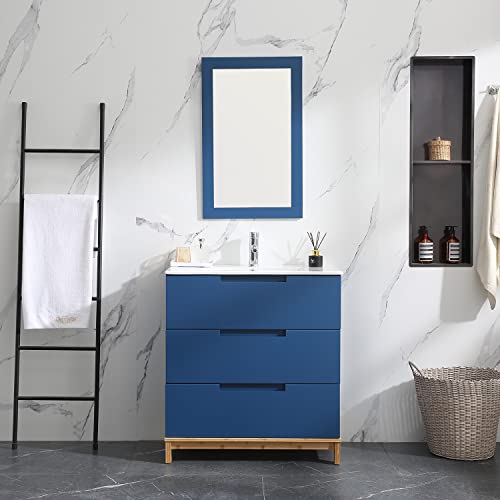 walsport 32" Bathroom Vanity and Sink Combo Modern Navy Cabinet White Basin Vessel Sink Faucet Combo Set with Water Barrier Floor Mount