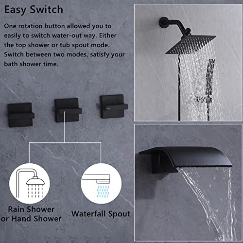 FSCEPIXI 3 Handles Tub Shower Faucet,Bathtub Shower Faucet Set with Tub Spout,Dual 2 in 1 Shower System Complete Tub and Shower Trim Kit,Matte Black