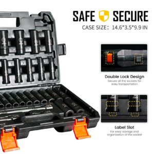 BOEN 35-Piece 1/2" Drive Deep Impact Socket Set - SAE 3/8"-1-1/4" & Metric 8-24mm, Extensions, Joint & Adapter, Cr-V Steel, Double Lock Case