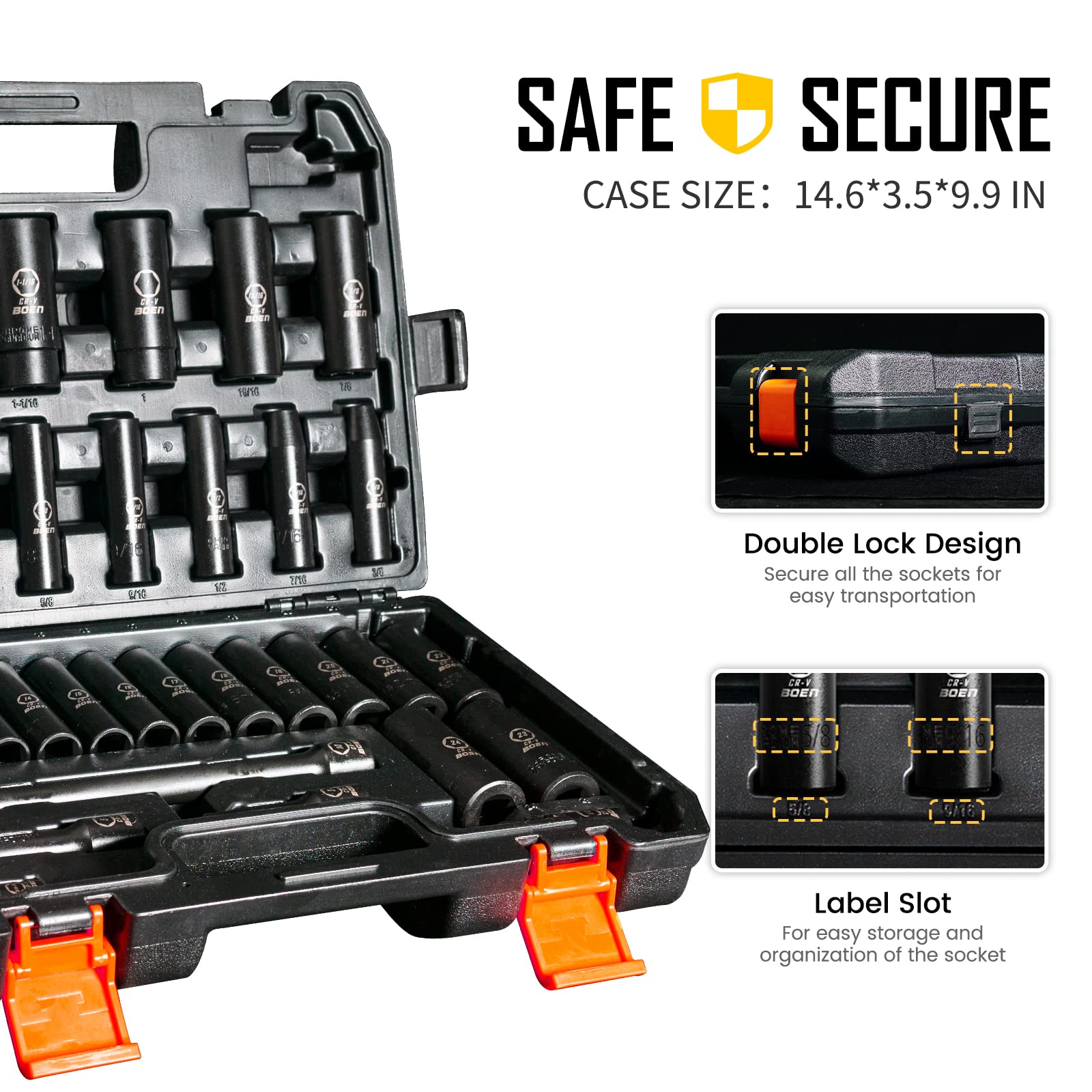 BOEN 35-Piece 1/2" Drive Deep Impact Socket Set - SAE 3/8"-1-1/4" & Metric 8-24mm, Extensions, Joint & Adapter, Cr-V Steel, Double Lock Case