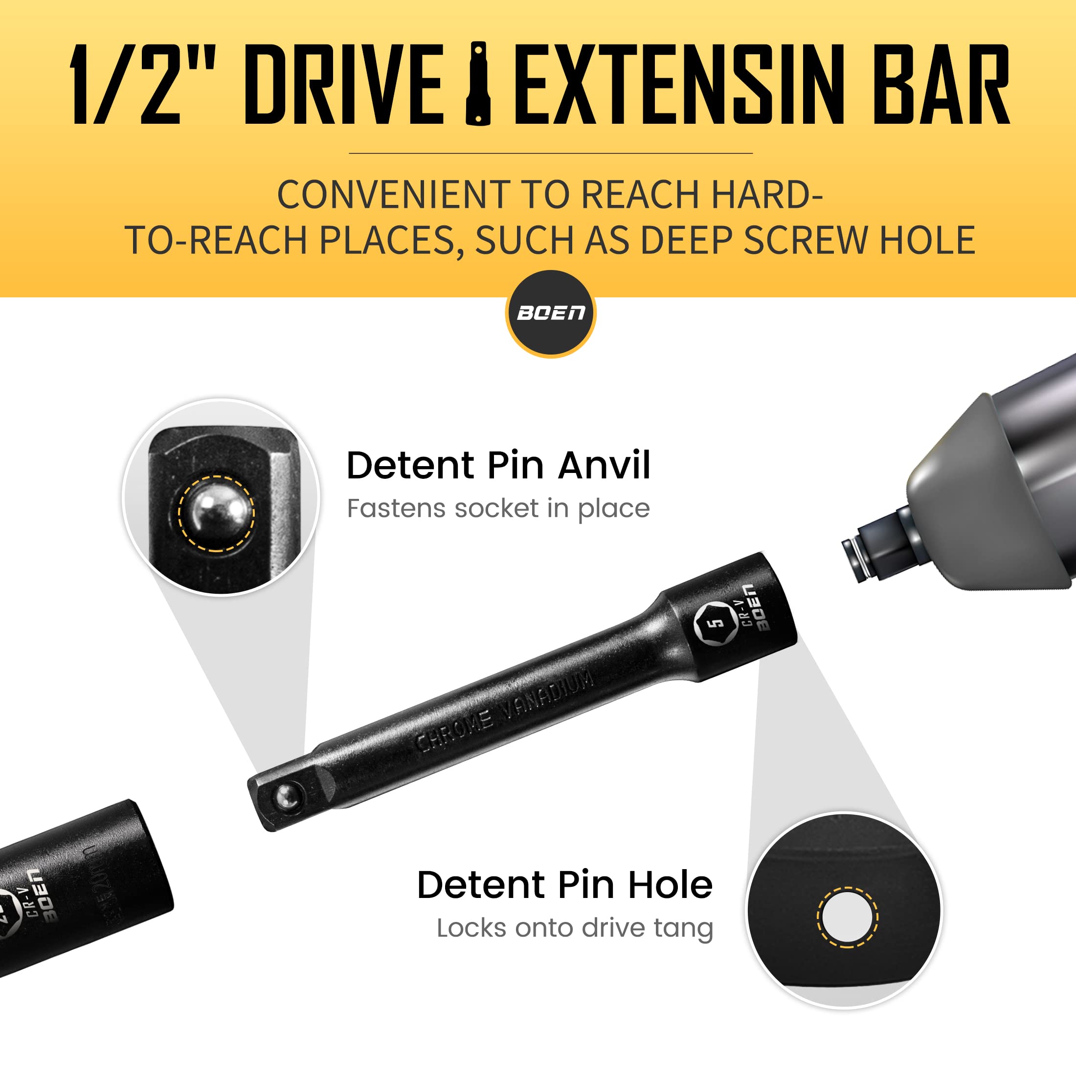 BOEN 35-Piece 1/2" Drive Deep Impact Socket Set - SAE 3/8"-1-1/4" & Metric 8-24mm, Extensions, Joint & Adapter, Cr-V Steel, Double Lock Case