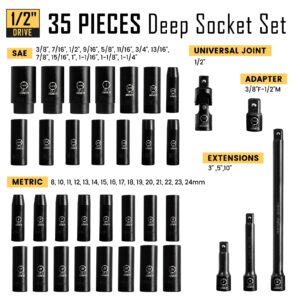 BOEN 35-Piece 1/2" Drive Deep Impact Socket Set - SAE 3/8"-1-1/4" & Metric 8-24mm, Extensions, Joint & Adapter, Cr-V Steel, Double Lock Case