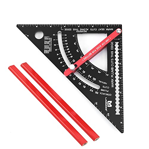 LARMEIL Carpenter Square, 7 inch Woodworking Tools Framing Square, Carpenter Tools and 2 Pencils Combination Square, Adjustable Angle Triangle Ruler, Metal Rafter Square (Angular Positioning Square)