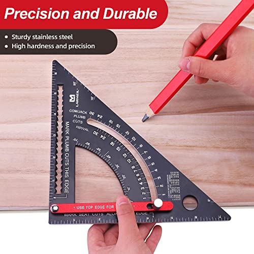 LARMEIL Carpenter Square, 7 inch Woodworking Tools Framing Square, Carpenter Tools and 2 Pencils Combination Square, Adjustable Angle Triangle Ruler, Metal Rafter Square (Angular Positioning Square)