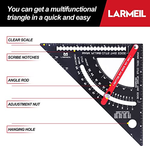 LARMEIL Carpenter Square, 7 inch Woodworking Tools Framing Square, Carpenter Tools and 2 Pencils Combination Square, Adjustable Angle Triangle Ruler, Metal Rafter Square (Angular Positioning Square)