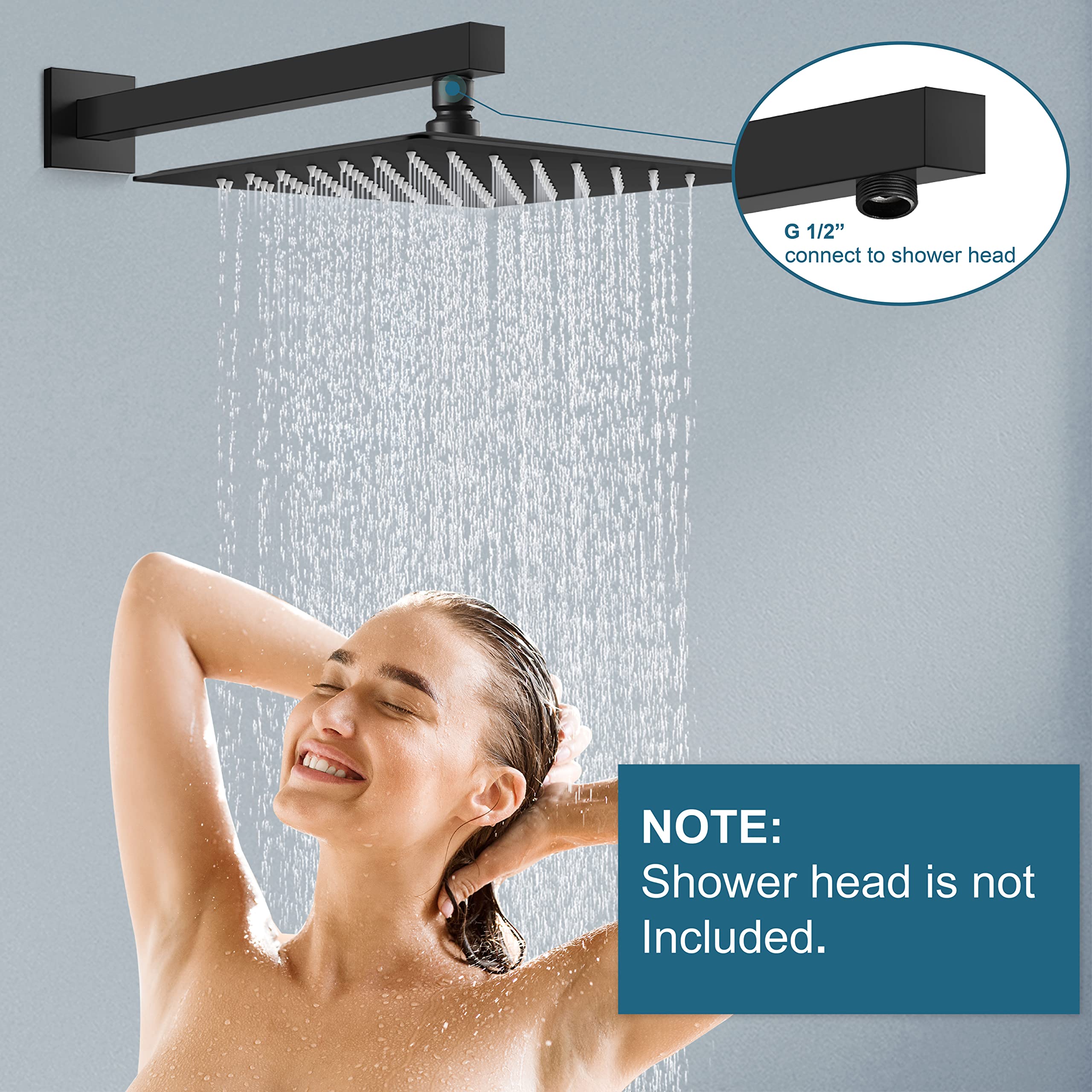 Midanya Matte Black 16-Inch Shower Arm Rainfall Shower Head Extension Extender with Flange Square Shaped Stainless Steel Wall Mounted Bathroom