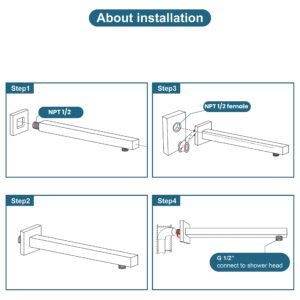 Midanya Matte Black 16-Inch Shower Arm Rainfall Shower Head Extension Extender with Flange Square Shaped Stainless Steel Wall Mounted Bathroom