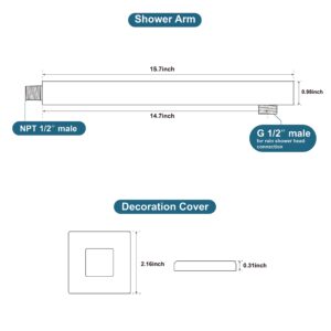 Midanya Matte Black 16-Inch Shower Arm Rainfall Shower Head Extension Extender with Flange Square Shaped Stainless Steel Wall Mounted Bathroom