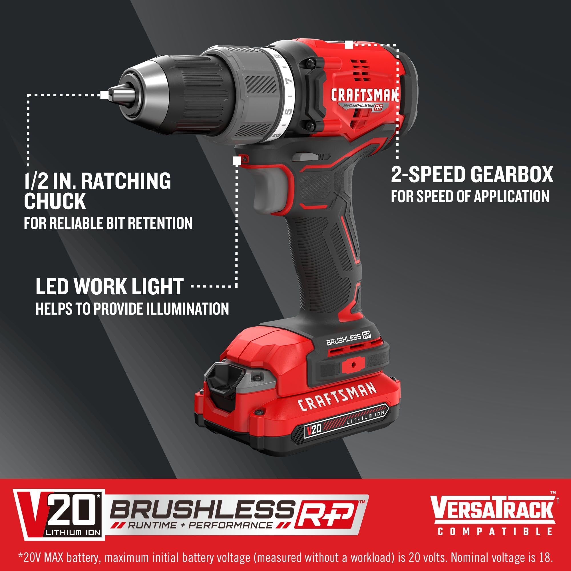 CRAFTSMAN RP+ Cordless Drill/Driver Kit, with 2 Batteries and Charger, Brushless (CMCD713C2)