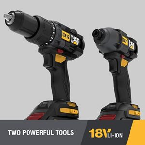 Cat® 18V 1 FOR ALL Cordless Hammer Drill & Impact Driver Combo Kit with 2 Batteries -DX12K, Black