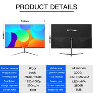 AOYODKG 24" Professional Thin 75Hz 1080p LED Monitor Frameless 5MS Response Time Computer Screen, sRGB 99%, 3000:1 + DC/HDMI/VGA, Ergonomic Tilt, Gaming Monitor Machine Black, (AYO-A55 Series)