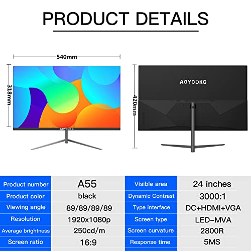 AOYODKG 24" Professional Thin 75Hz 1080p LED Monitor Frameless 5MS Response Time Computer Screen, sRGB 99%, 3000:1 + DC/HDMI/VGA, Ergonomic Tilt, Gaming Monitor Machine Black, (AYO-A55 Series)