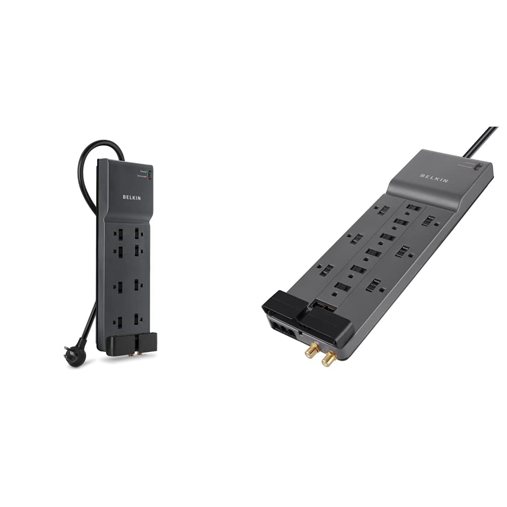 Belkin 8-Outlet Home and Office Surge Protector, 12ft Cord, Black & Power Strip Surge Protector with 12 AC Multiple Outlets, 10 ft Long Flat Plug Heavy Duty Extension Cord (4,156 Joules)