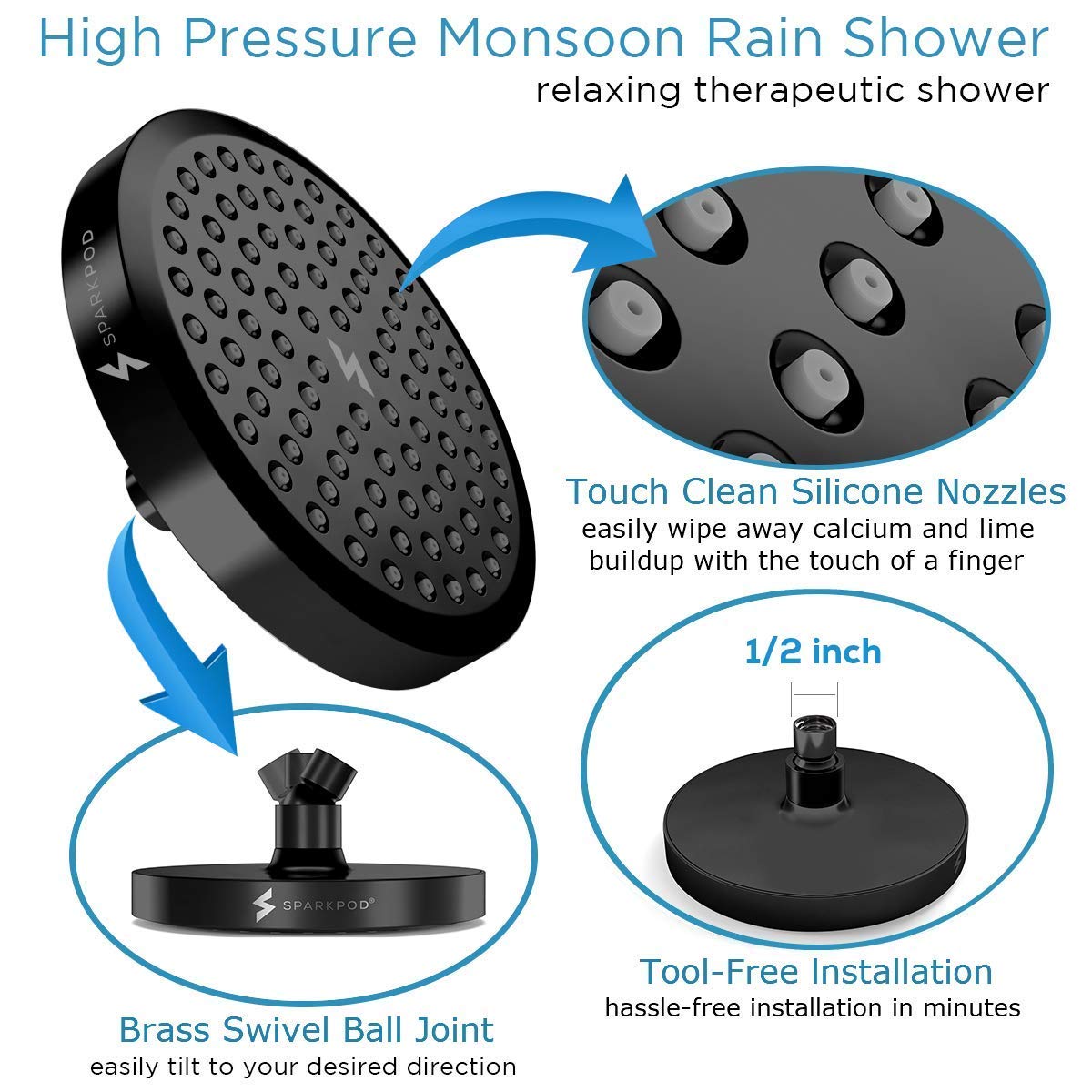 SparkPod 6" Rain Shower Head with 6" Shower Arm with Flange in Midnight Black Matte