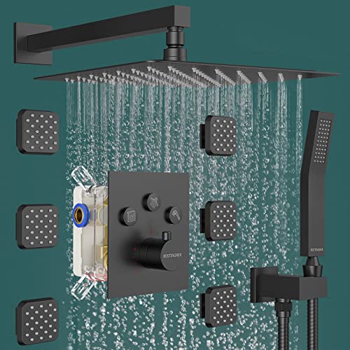 Bostingner 12 Inch Thermostatic Rain Shower System with Body Jets, Wall Mounted, with Brass Handheld Shower Head and 6 Body Spray Shower Jets (Can Run All Together),Thermostatic Shower Valve Set Black