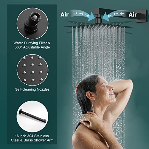 Bostingner 12 Inch Thermostatic Rain Shower System with Body Jets, Wall Mounted, with Brass Handheld Shower Head and 6 Body Spray Shower Jets (Can Run All Together),Thermostatic Shower Valve Set Black