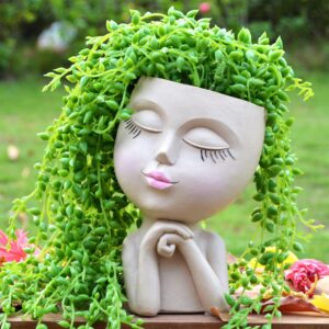 face planter pot head planters, lady heads flowerpot, cute girl faces plant pot, bust statue flower pots, round women succulent pots for indoor outdoor plants, modern vase with drainage (7" cream)