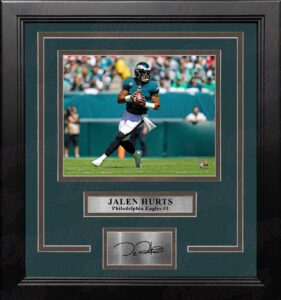 jalen hurts in action philadelphia eagles 8" x 10" framed football photo with engraved autograph