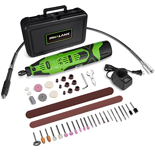 PHALANX 12V Cordless Rotary Tool Kit with Keyless Chuck, 6-Speeds 5000-32000RPM, 119 Accessories with Flex Shaft, Idea for Cutting, Grinding, Wood Carving- Include 2.0AH Battery, Charger