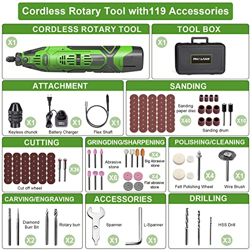 PHALANX 12V Cordless Rotary Tool Kit with Keyless Chuck, 6-Speeds 5000-32000RPM, 119 Accessories with Flex Shaft, Idea for Cutting, Grinding, Wood Carving- Include 2.0AH Battery, Charger