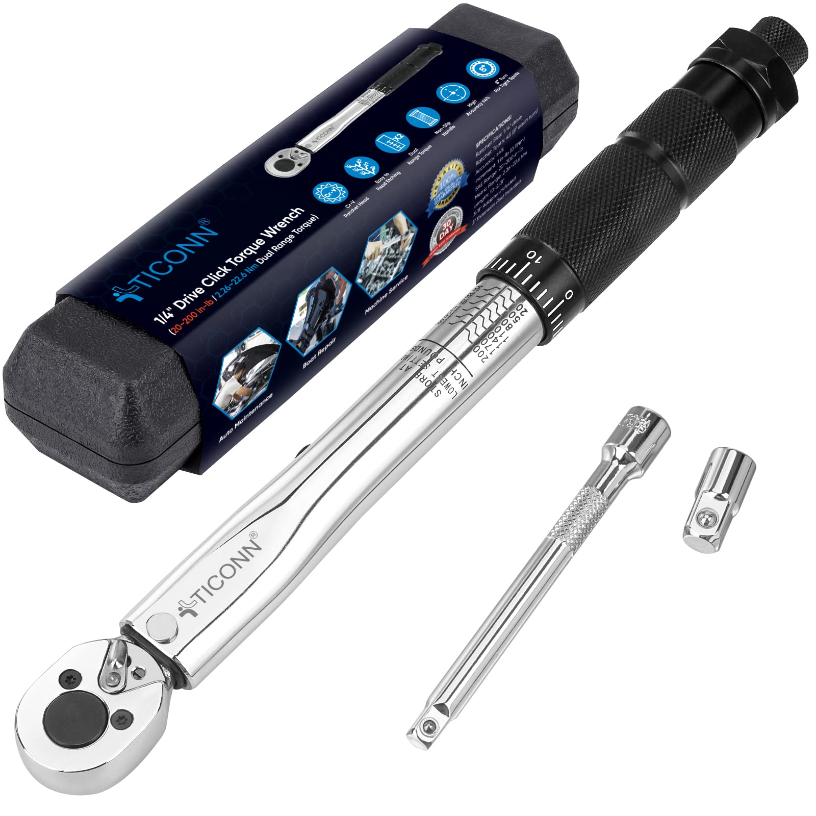 TICONN 1/4-inch Drive Click Torque Wrench, 20-200 in-lb, SAE/Metric Dual Range, Chrome Vanadium Steel