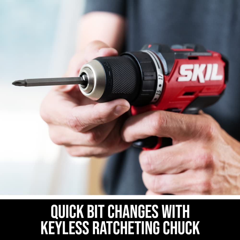 SKIL PWR CORE 12 Brushless 12V 1/2 In. Compact Varible-Speed Drill Driver Kit with 1/2'' Single-Sleeve, Keyless Chuck & LED Worklight Includes 2.0Ah Battery and PWR JUMP Charger - DL6290A-10