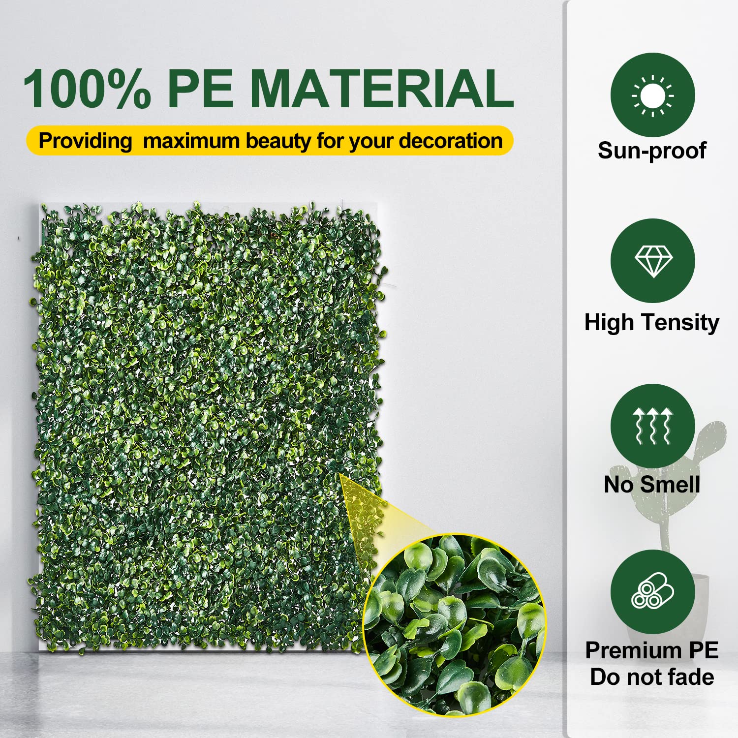 YUUKE Grass Wall Panels, 10 PCS 10”x10” Artificial Boxwood Topiary Hedge Grass Backdrop with 100 Zip Ties Greenery UV Protected Privacy Fence Screen, Outdoor Indoor Green Decor for Garden Wedding